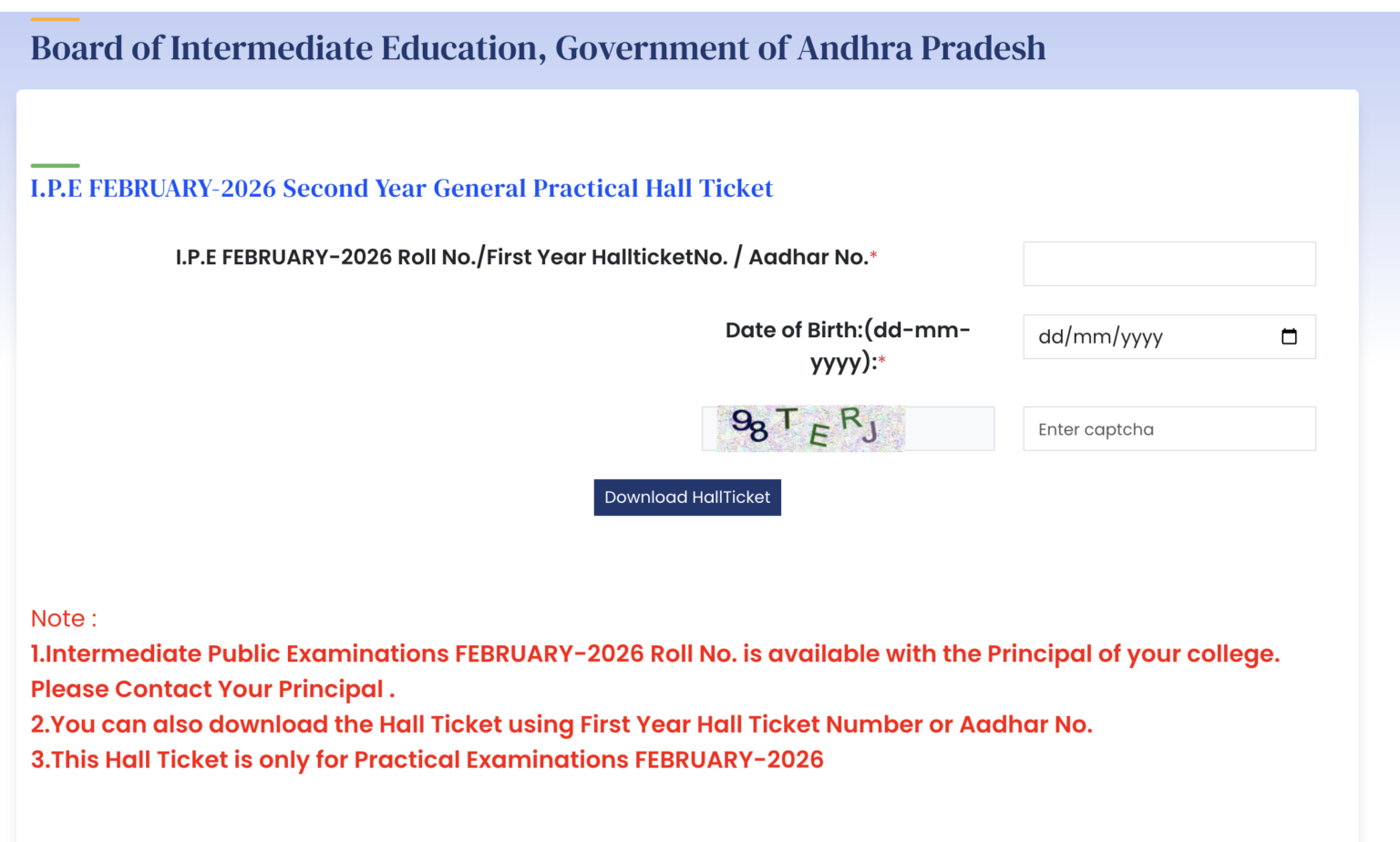 ap inter practical hall ticket 2026 pdf download link out @ bie.ap.gov.in
